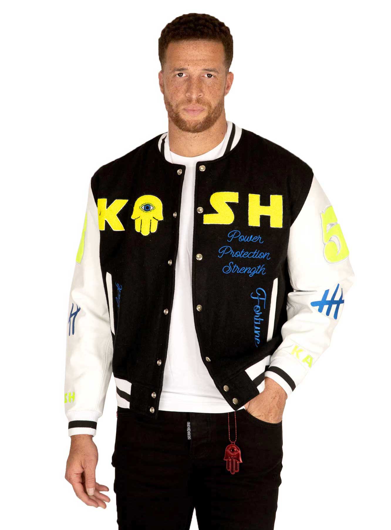 KASH CHENILLE VARSITY JACKET - BLACK W/ NEON GREEN – KASHPARIS